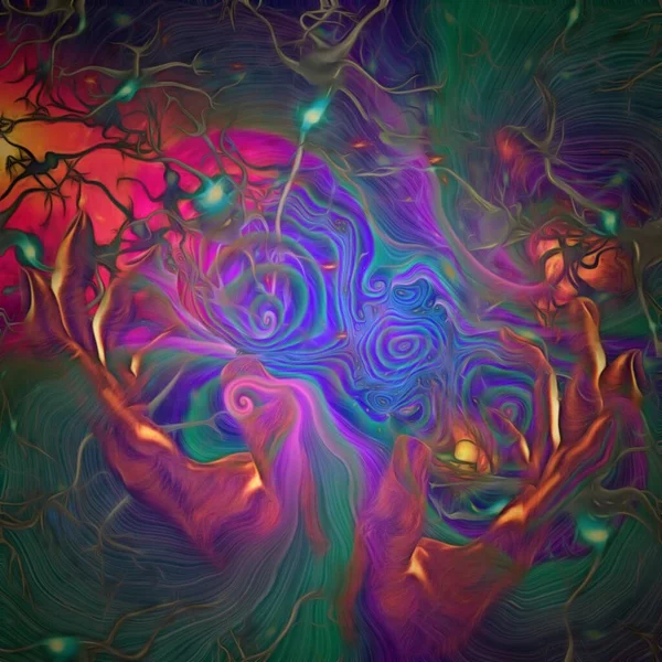 Surreal painting. Hands of God and neurons. - Stock Image - Everypixel