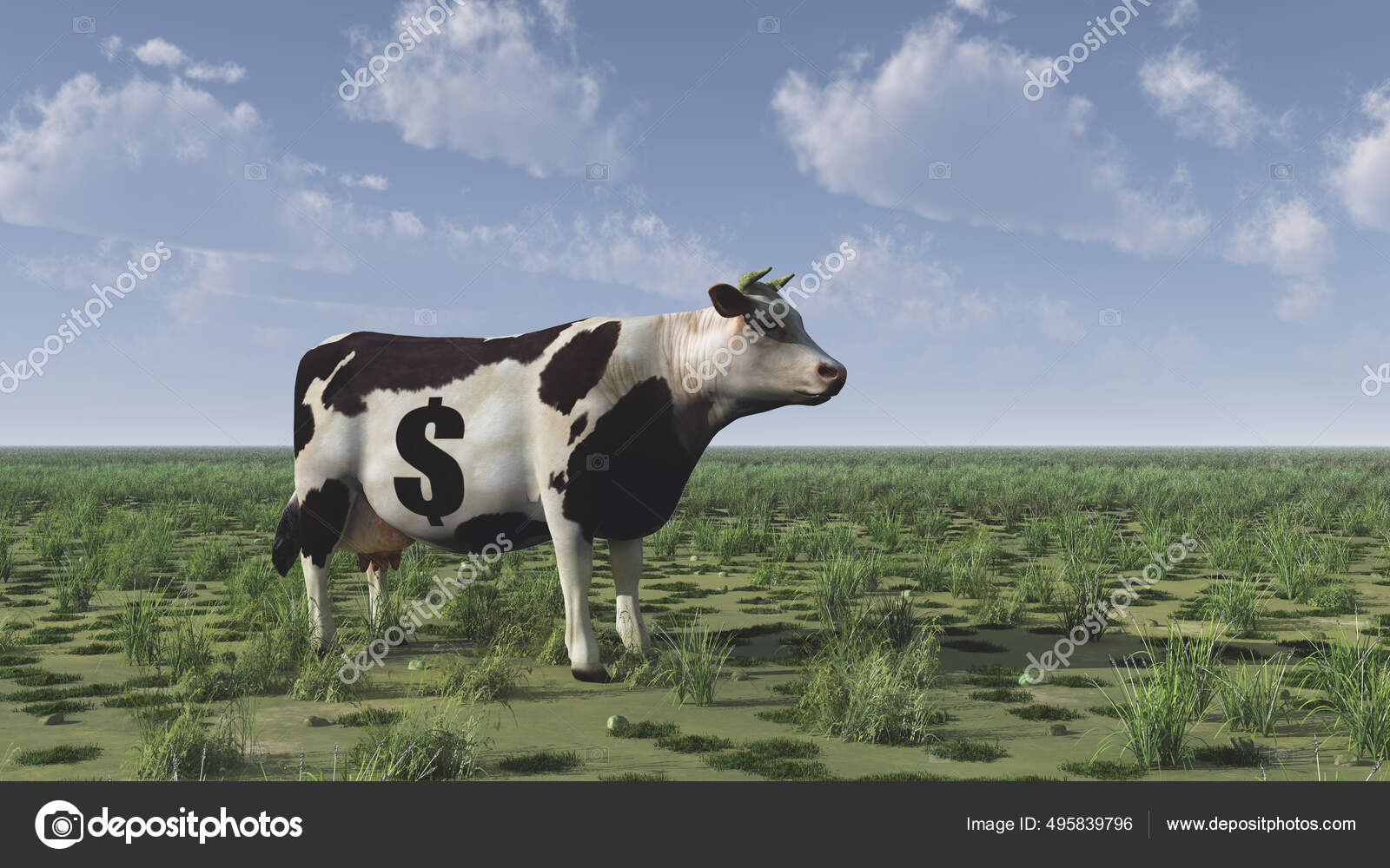 Surrealism Render Cow Dollar Sign Stands Green Field — Stock Photo ...