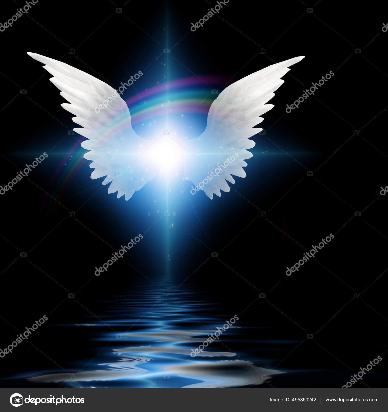 Bright Star White Angels Wings Rendering — Stock Photo © rolffimages #495850242