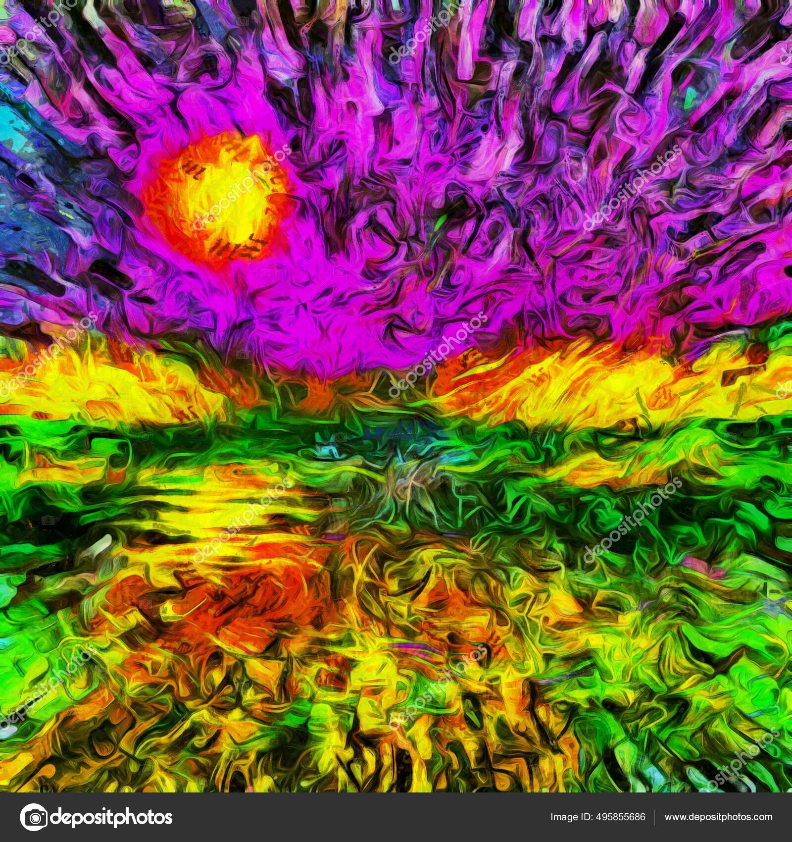 Oil Painting Purple Sunset Rendering Stock Illustration by ©rolffimages ...