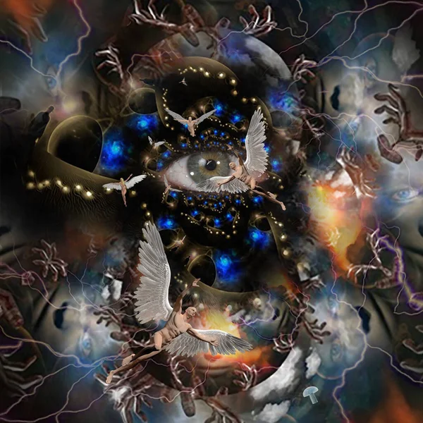 God's eye and angels. 3d rendering. - Stock Image - Everypixel