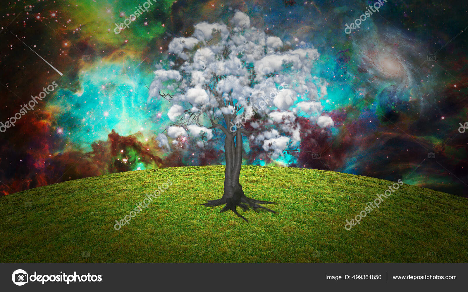 Alien Planet Tree Growing Starry Sky — Stock Photo © rolffimages #499361850