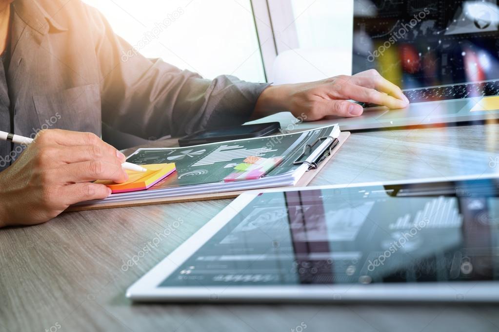 Business documents on office table with smart phone and digital Stock ...