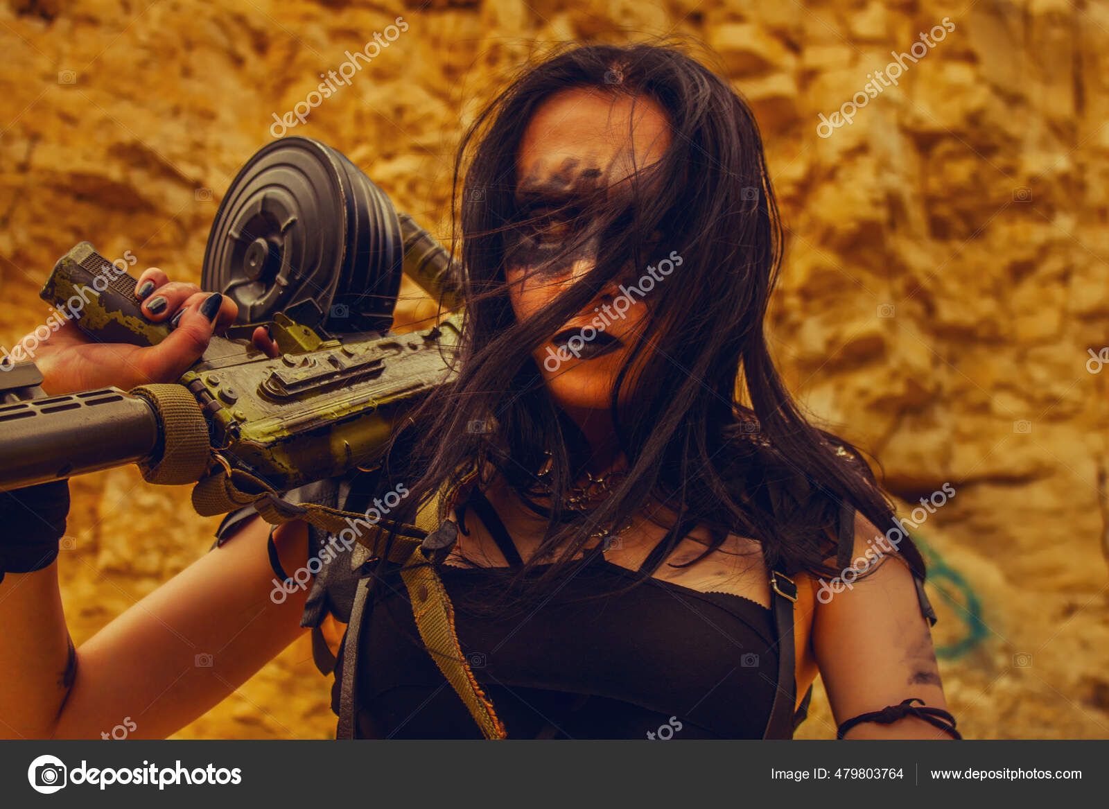 Merciless Post Apocalyptic Raider Rifle Posing Rocks — Stock Photo ...