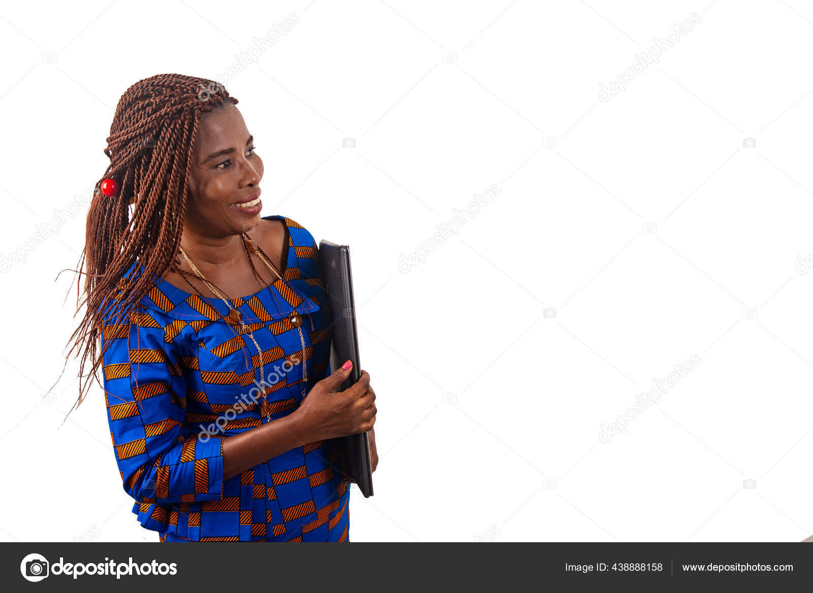 Beautiful Adult Businesswoman Standing Sideways Holding Laptop While ...