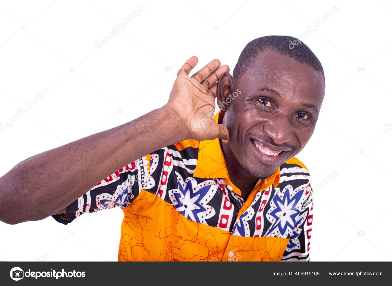 Handsome Curious Young Man Holding Hand Ear Hear Information Better ...