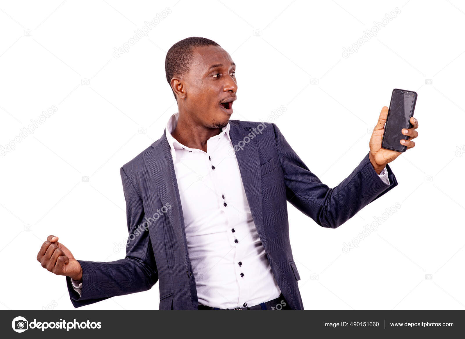 Portrait Handsome Young Happy Businessman Holding Mobile Phone Making ... Portrait Handsome Young Happy Businessman Holding Mobile Phone Making ...