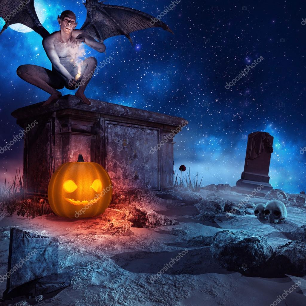 Vampire crouching on the stone tomb Stock Photo by ©mppriv 54652663