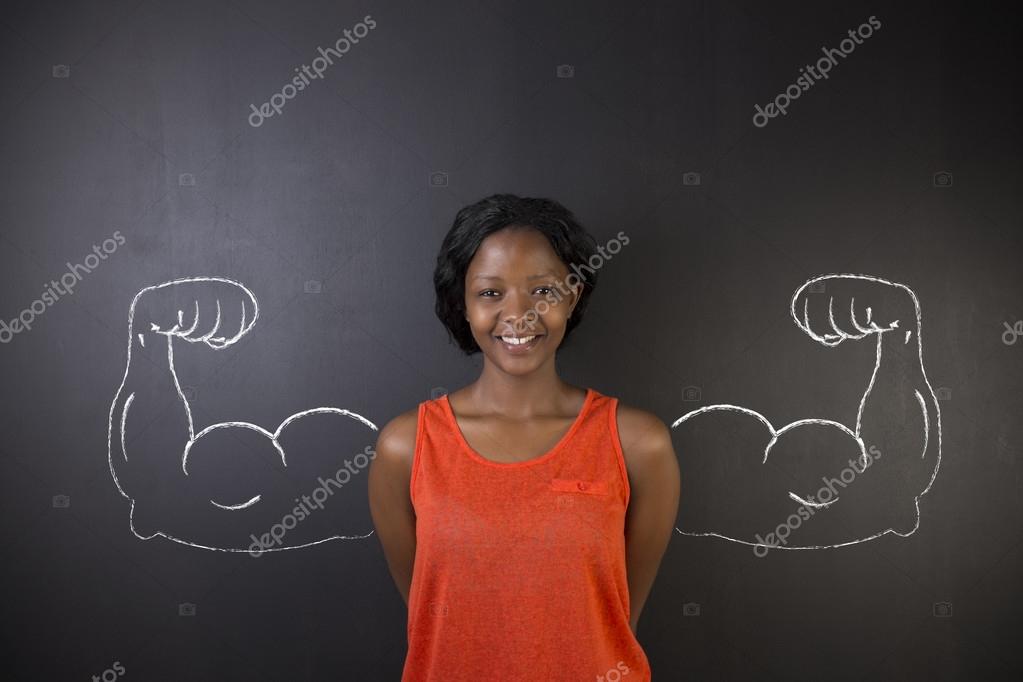 South African or African American woman with healthy strong arm muscles ...