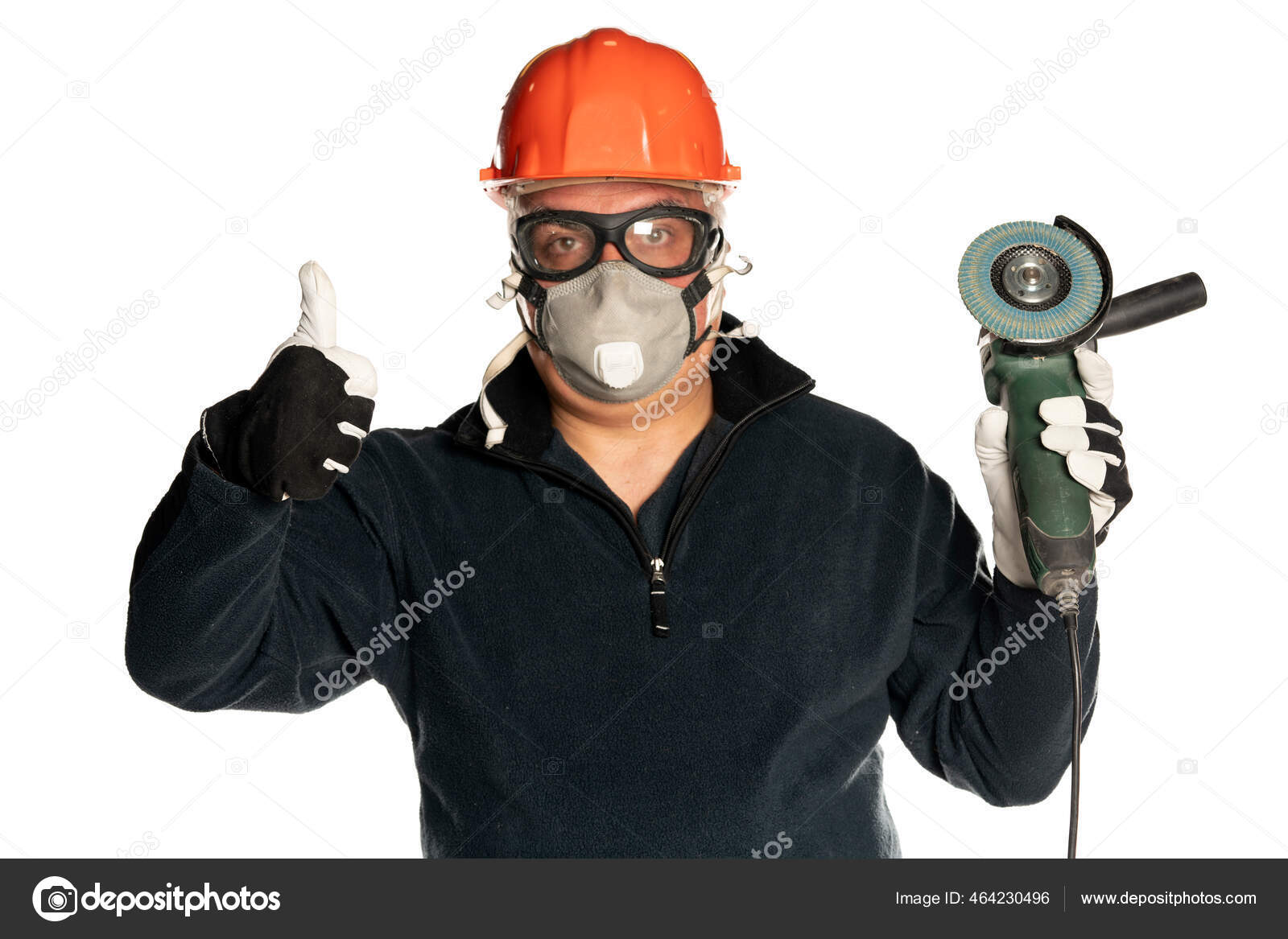 Man Angle Grinder Protective Equipment White Background Showing Thumbs ...