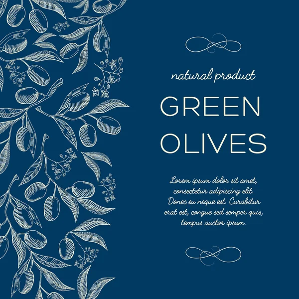 Green olives. Hand drawing background. Blue vintage style. - Stock ...