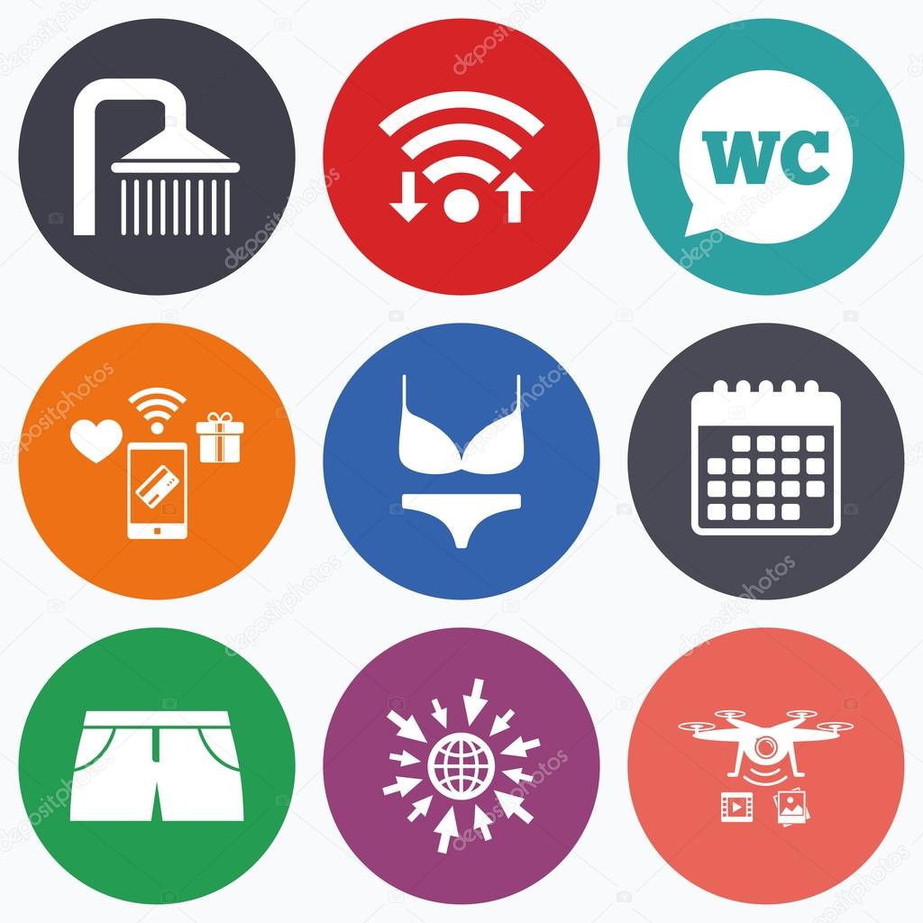 Swimming pool icons. Shower and swimwear signs. Stock Vector by ...