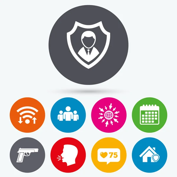 Security Agency Icons Home Shield Protection Symbols Gun Weapon Sign ...
