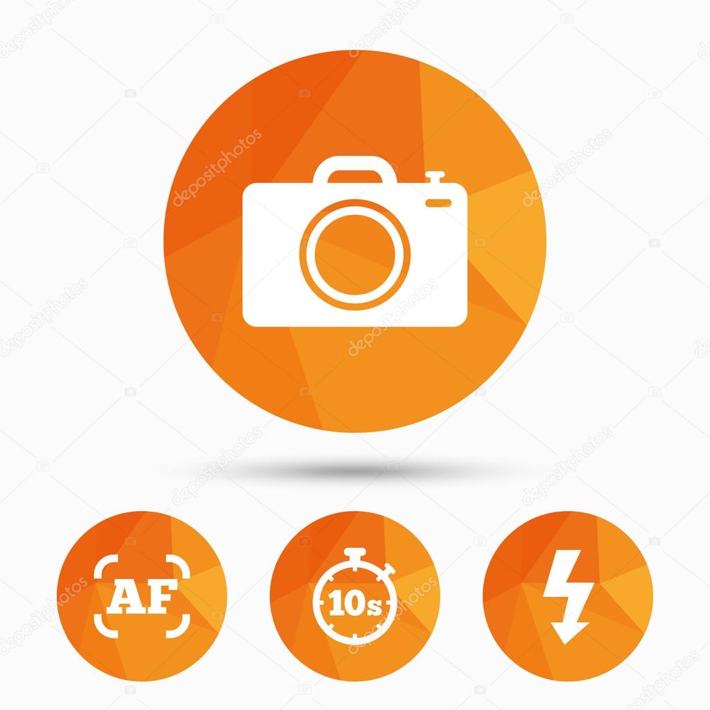 Photo camera icon. Flash light and autofocus AF. Stock Vector by ...