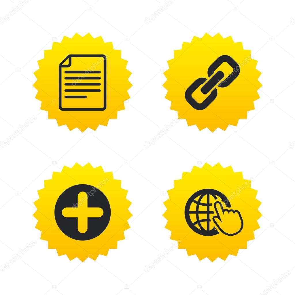 Plus circle and hyperlink signs. File, globe. Stock Vector Image by ...