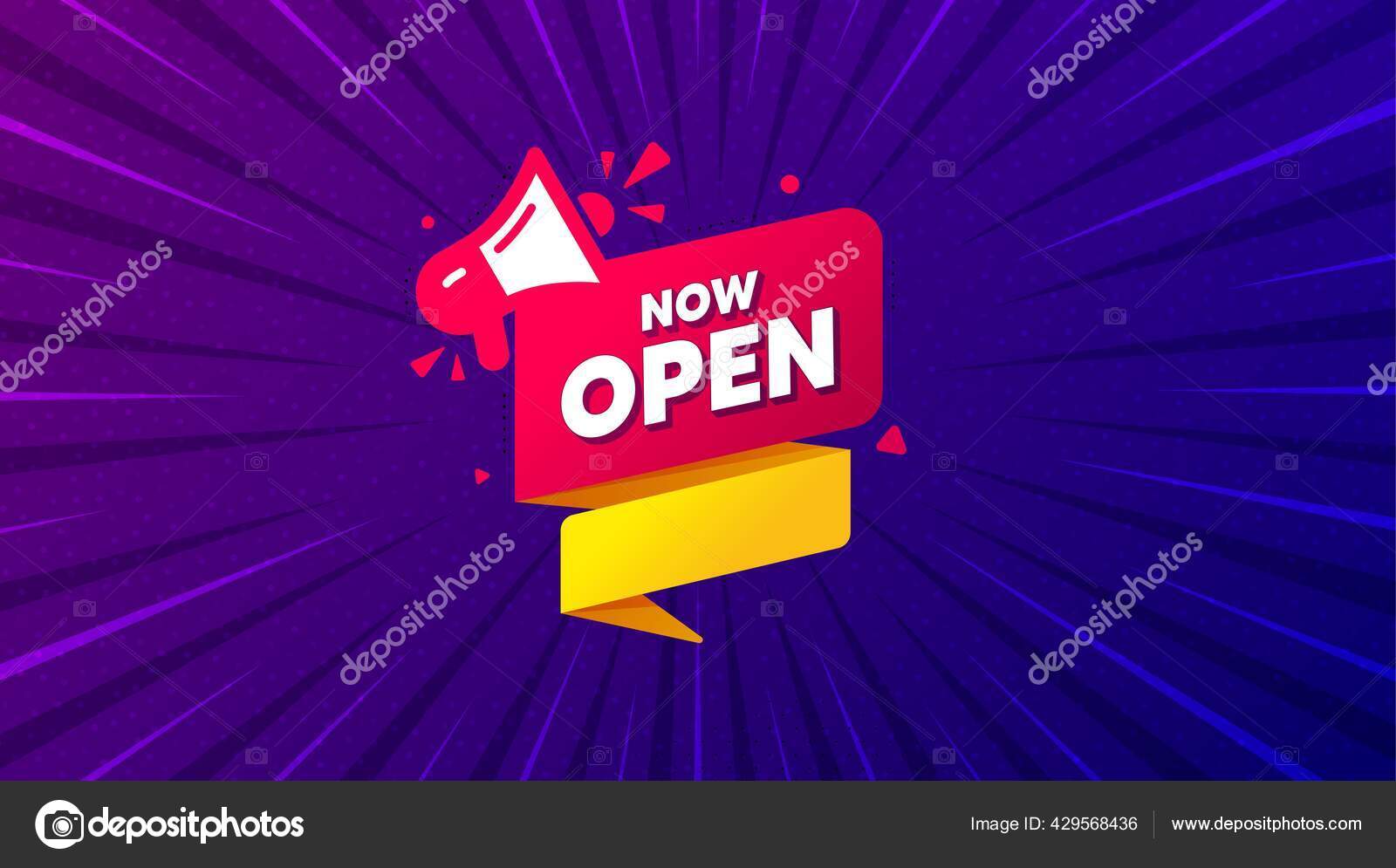 Now Open Banner Purple Background Offer Message Announcement Notice Tag ...