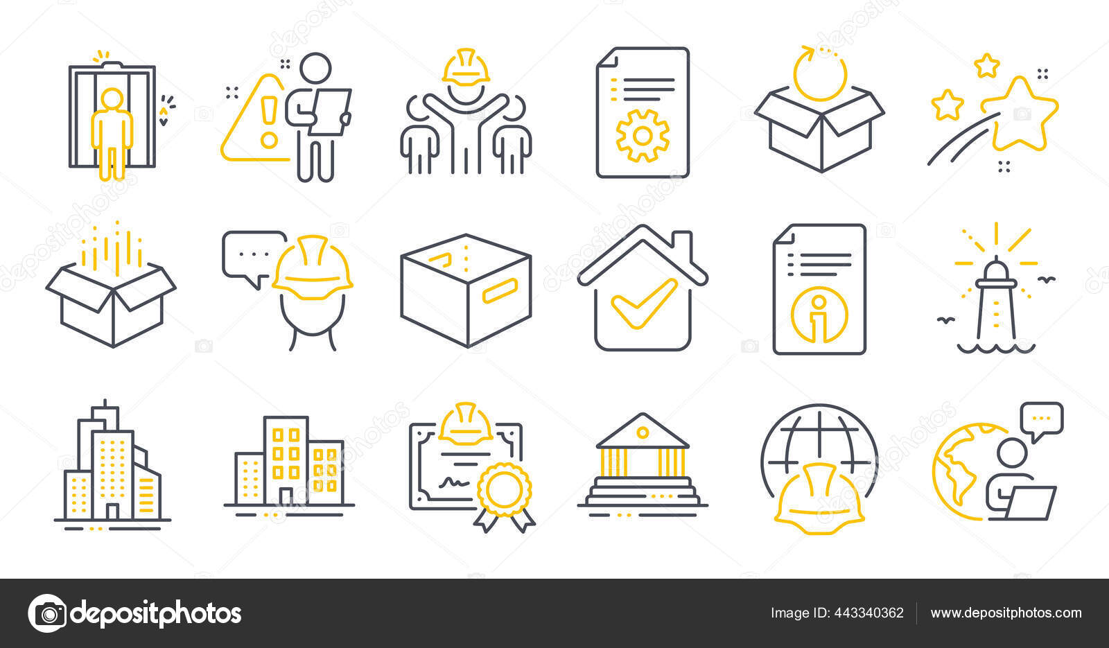 Set Industrial Icons Open Box Skyscraper Buildings Return Package Symbols Stock Vector by ...