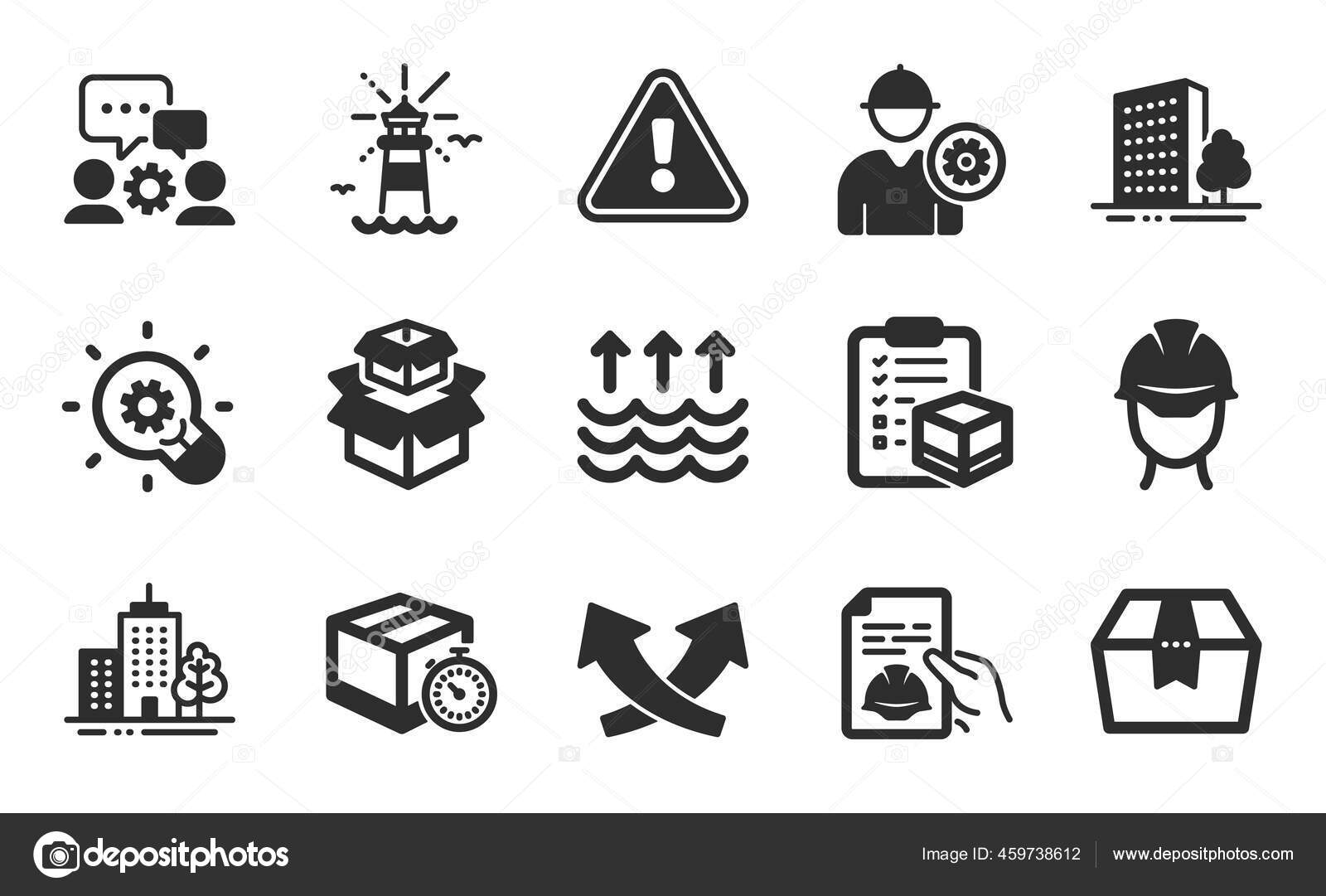 Package Box Evaporation Buildings Icons Simple Set Engineering Team Lighthouse Stock Vector ...