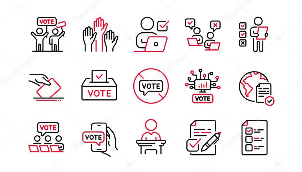 Iconos de línea de votación. Elecciones públicas, urnas, papeletas ...
