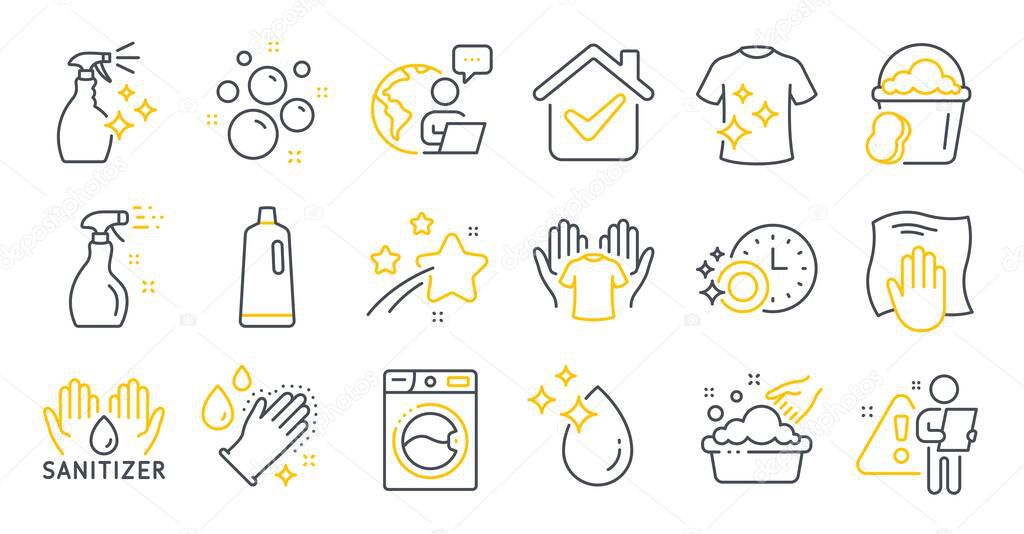 Conjunto de iconos de limpieza, como desinfectante de manos, camiseta ...