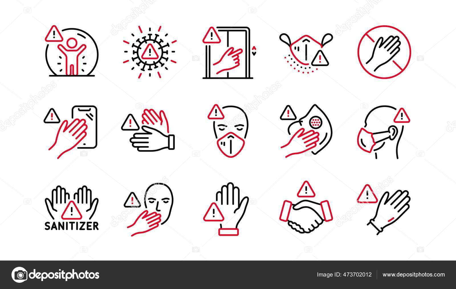 Touch Warning Line Icons Stop Touch Face Wear Medical Mask Stock Vector ...