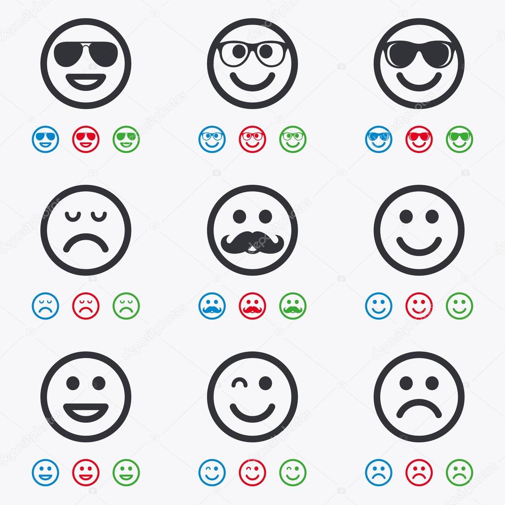 Smile icons. Sunglasses, mustache and laughing. Stock Vector by ...