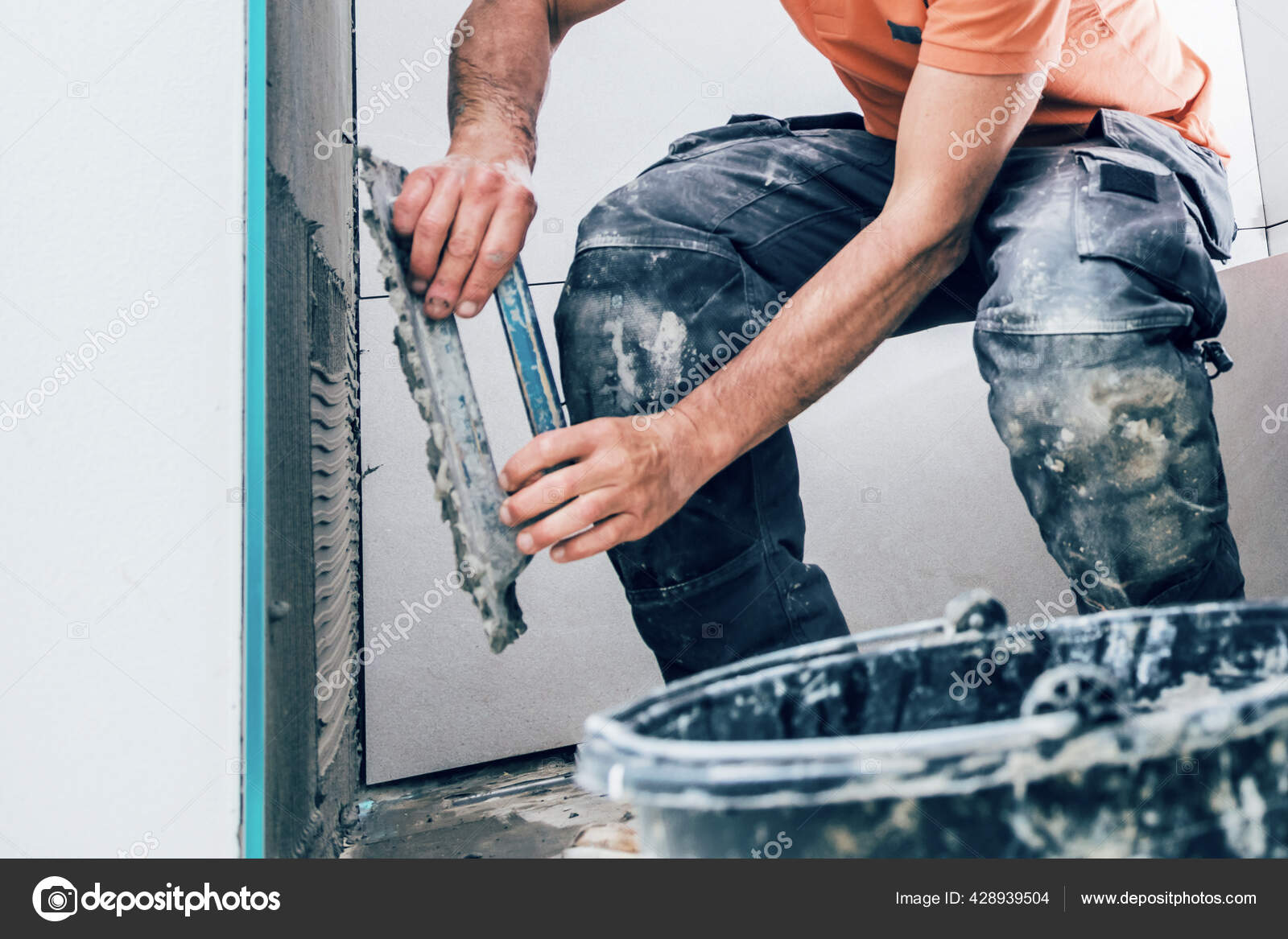 Cropped Shot Man Installing Tiles Wall Home Indoors Renovation Stock ...