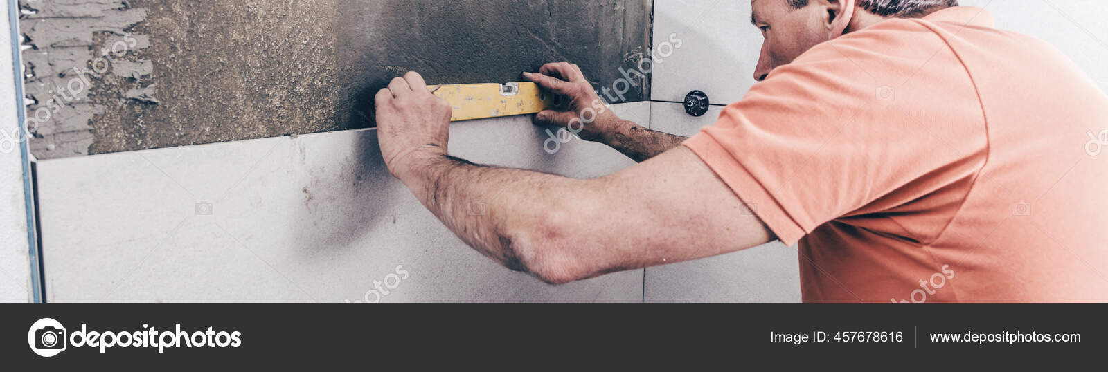Cropped Shot Professional Tiler Installing Large Format Tiles Wall Home ...