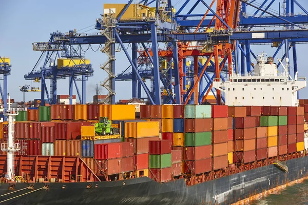Containers on a vessel. Global market. Cargo shipping. International ...