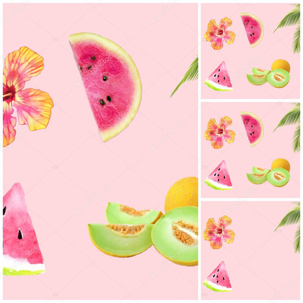 melón rojo limón fresa rosa frutas exóticas y helado en el espacio de ...