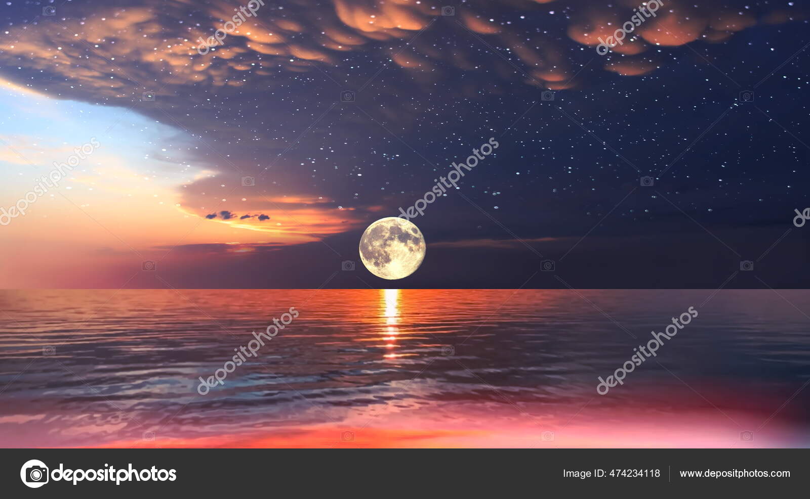 Big Full Moon Red Dark Blue Sunset Night Starry Sky — Stock Photo ...