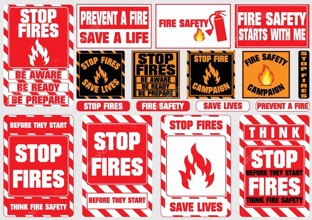 Set of stop fire symbols (be aware, be ready, be prepare, save lives ...