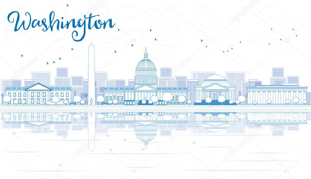 Outline Washington DC Skyline with Blue Buildings and Reflection ...