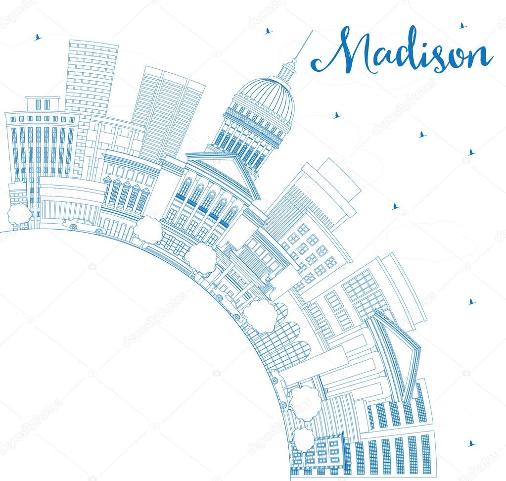 Outline Madison Skyline with Blue Buildings and Copy Space. Stock ...
