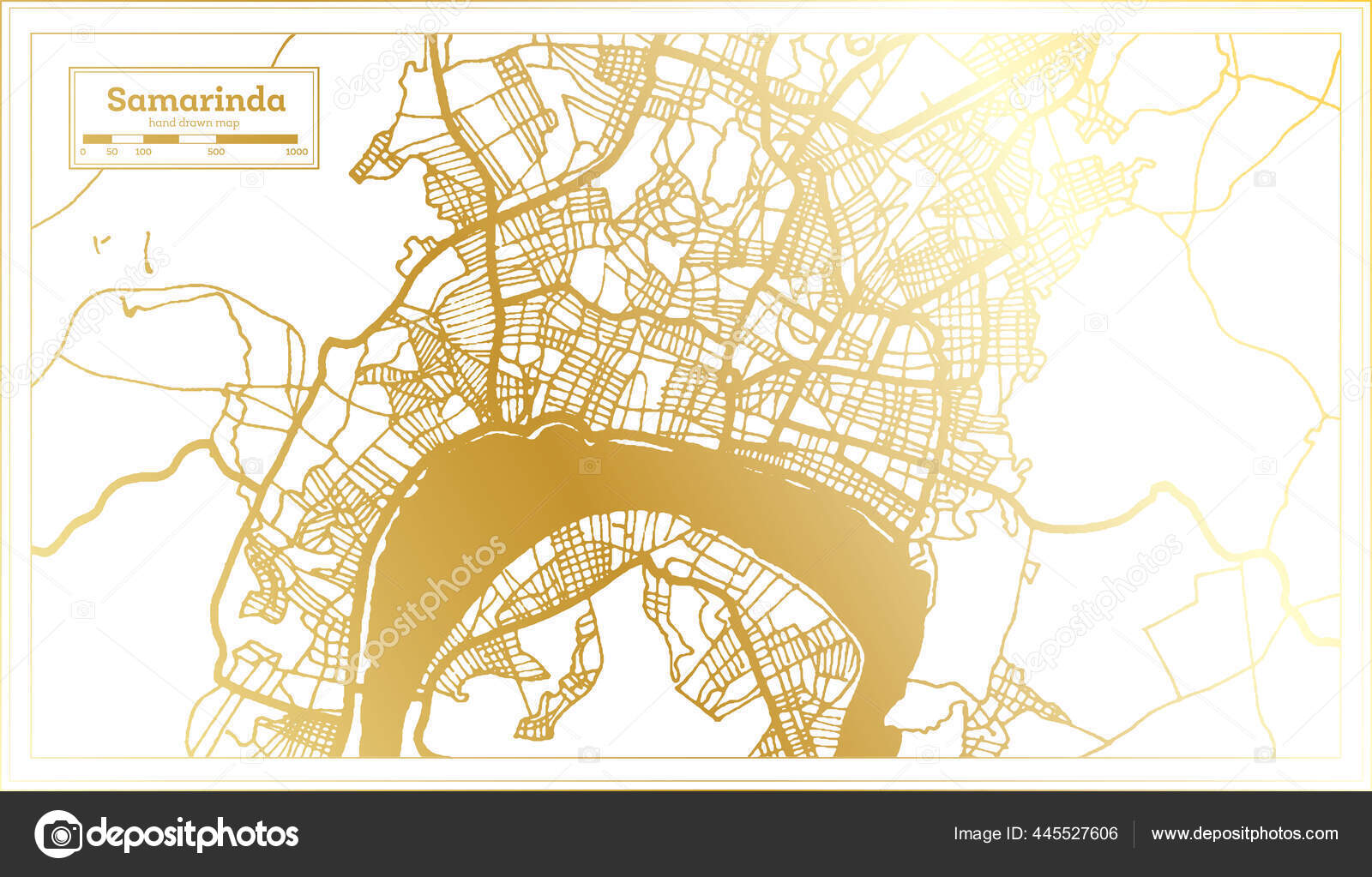Samarinda Indonesia City Map Estilo Retro Cor Dourada Mapa Contorno ...