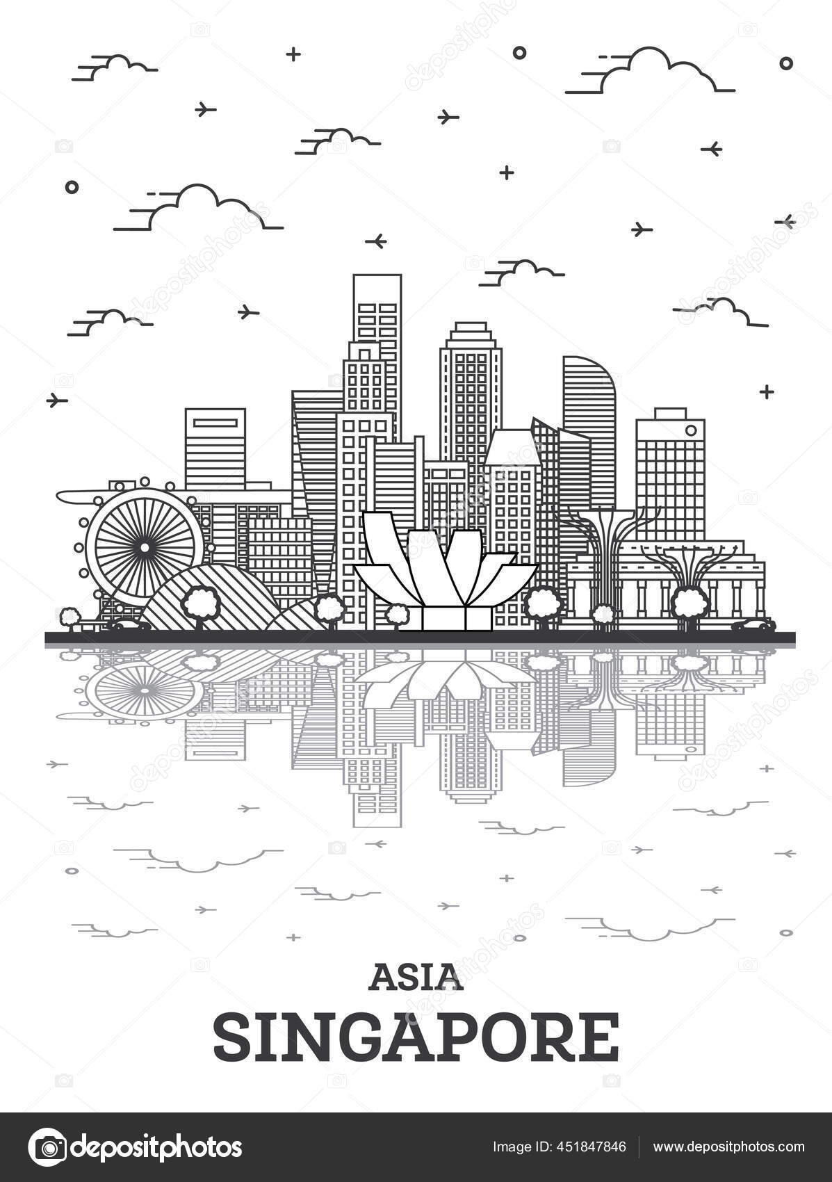 Outline Singapore City Skyline Modern Buildings Reflections Isolated ... Outline Singapore City Skyline Modern Buildings Reflections Isolated ...