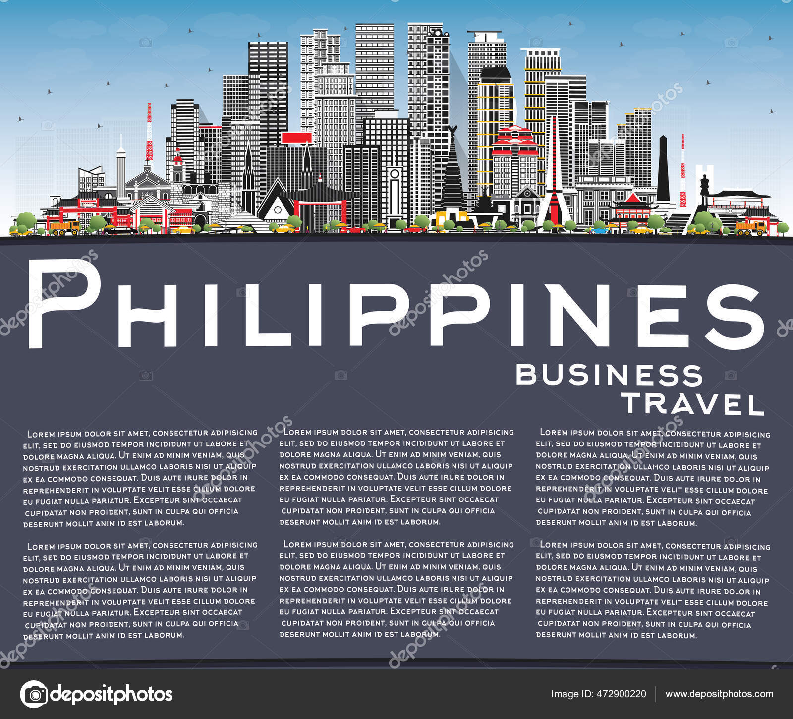 Philippines City Skyline Gray Buildings Blue Sky Copy Space Vector ...