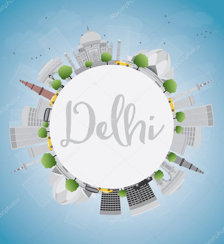 Delhi skyline with gray landmarks, blue sky and copy space. — Stock Vector © booblgum #89165208