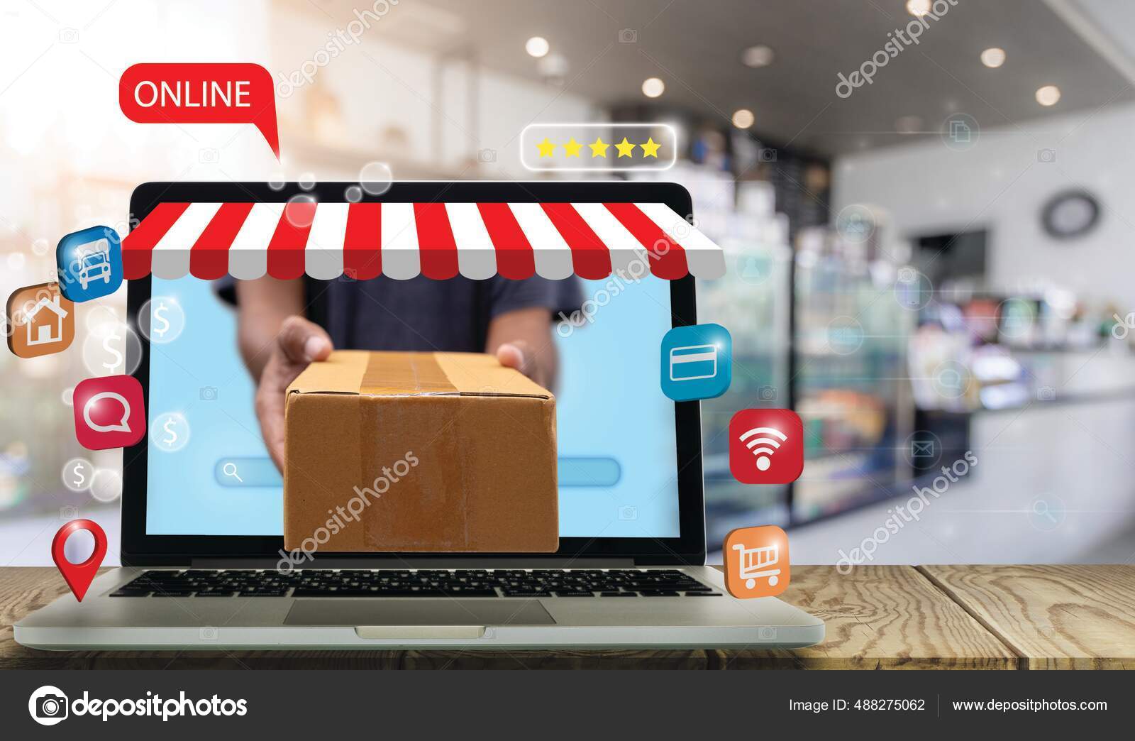 Delivery Man Sends Parcels Out Laptop Screen Table Supermarket New ...
