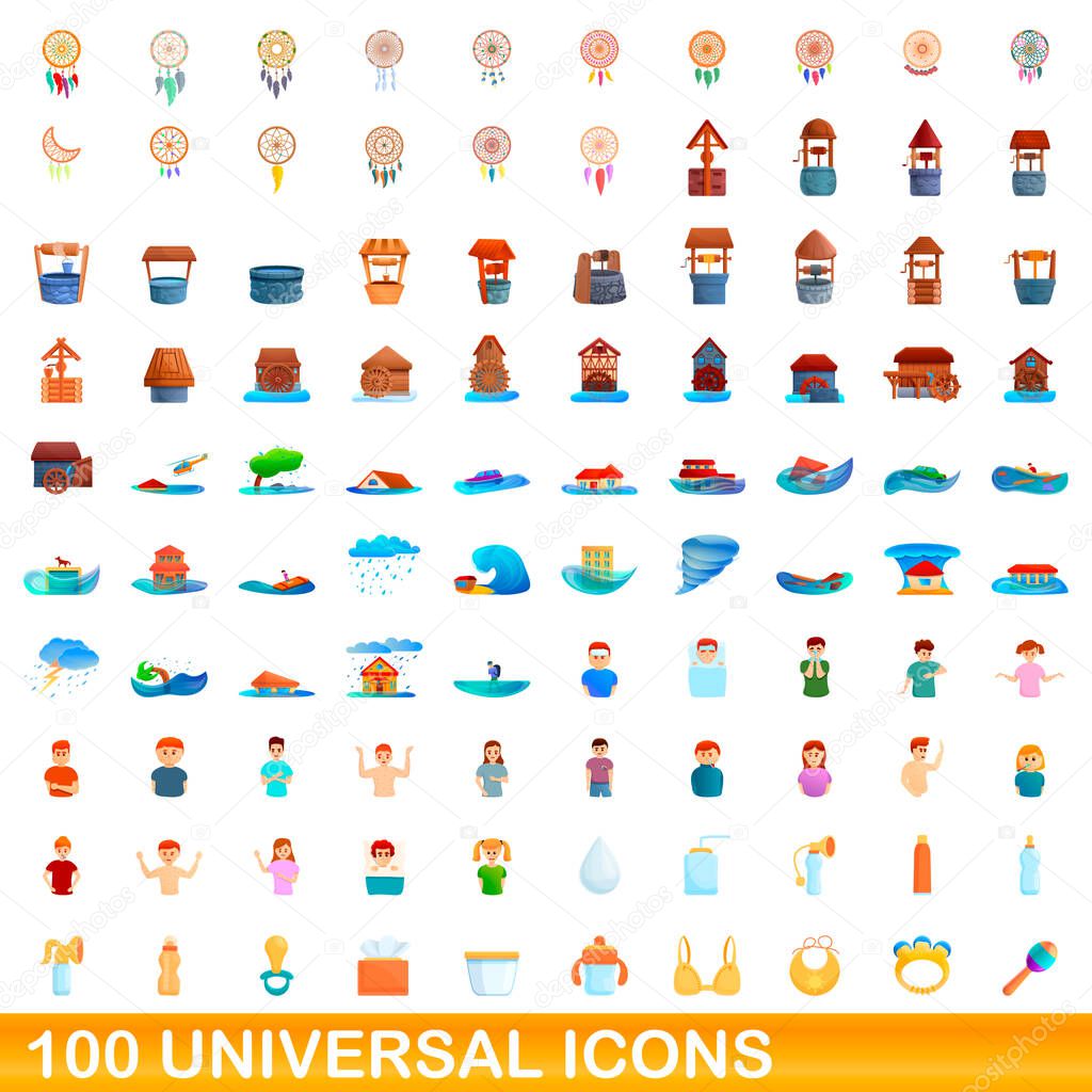 100 iconos universales, estilo de dibujos animados 2023