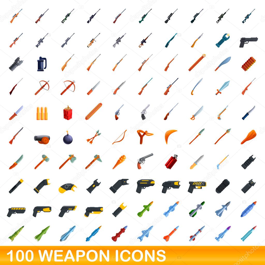 100 iconos de armas conjunto, estilo de dibujos animados 2023