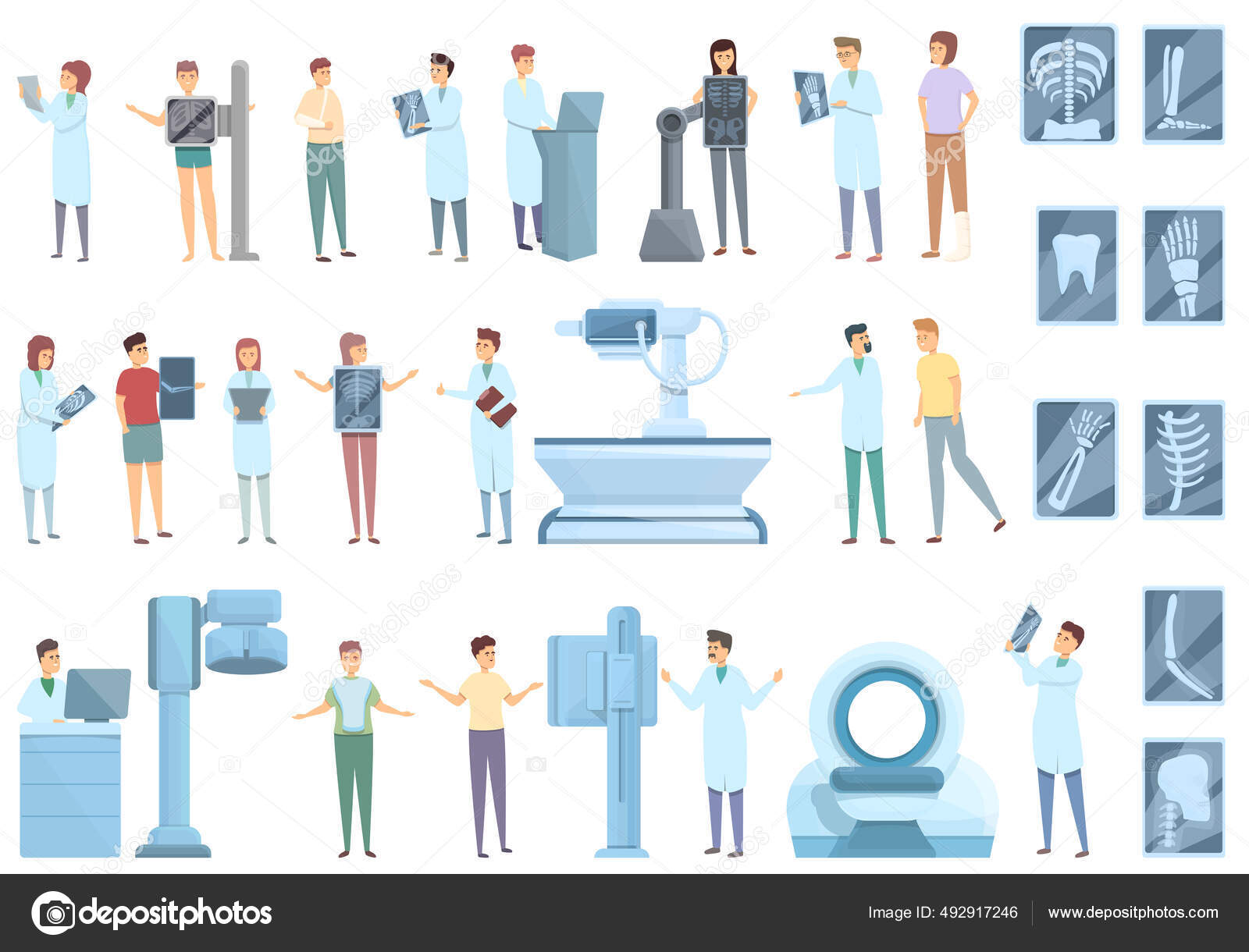 Pemeriksaan X-ray ikon mengatur vektor kartun. Ruang rumah sakit Vektor ...