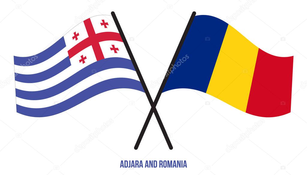 Adjara y Rumania banderas cruzadas y ondeando estilo plano. Proporción ...