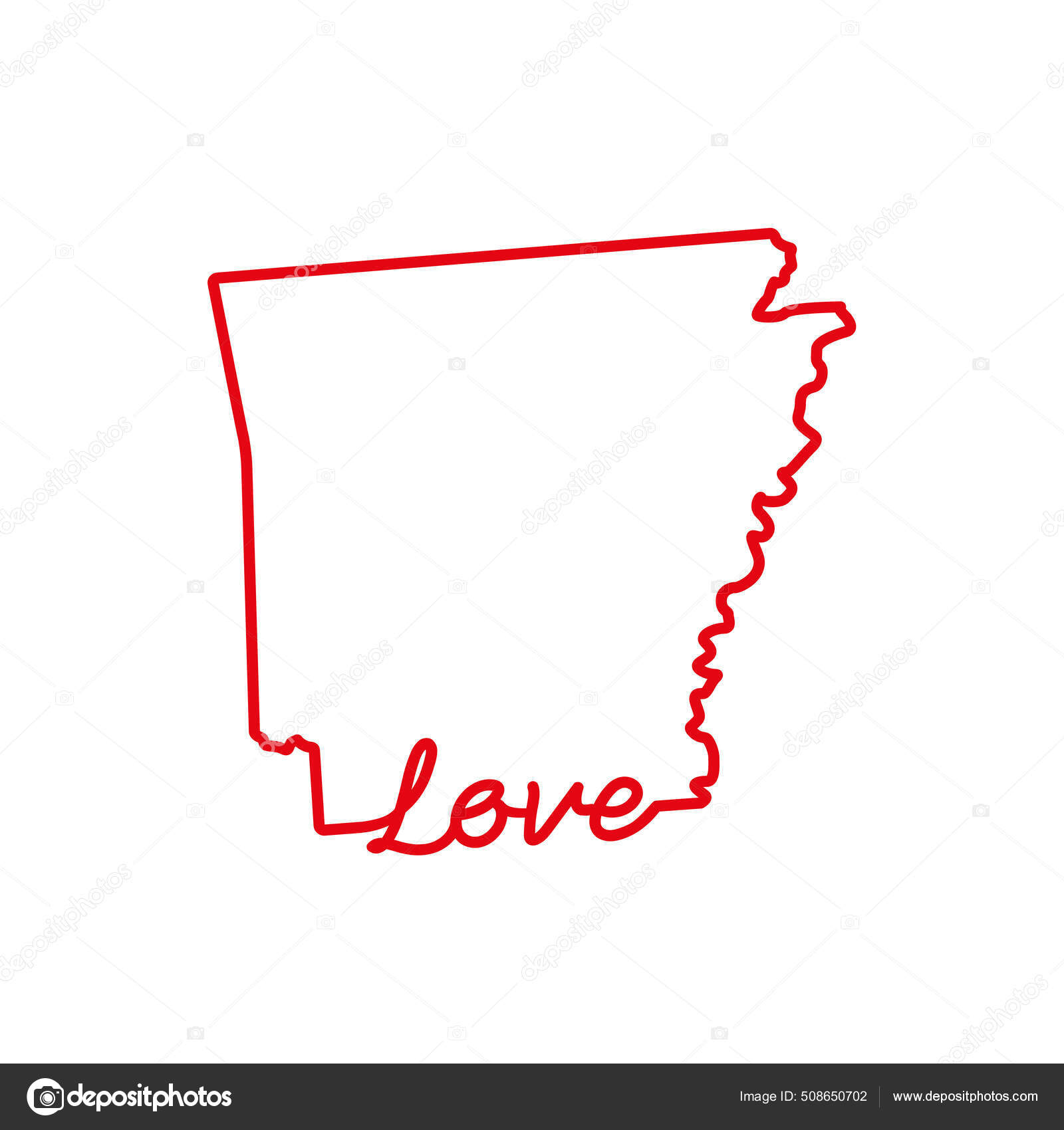 Arkansas State Red Outline Map Handwritten Love Word Continuous Line ...