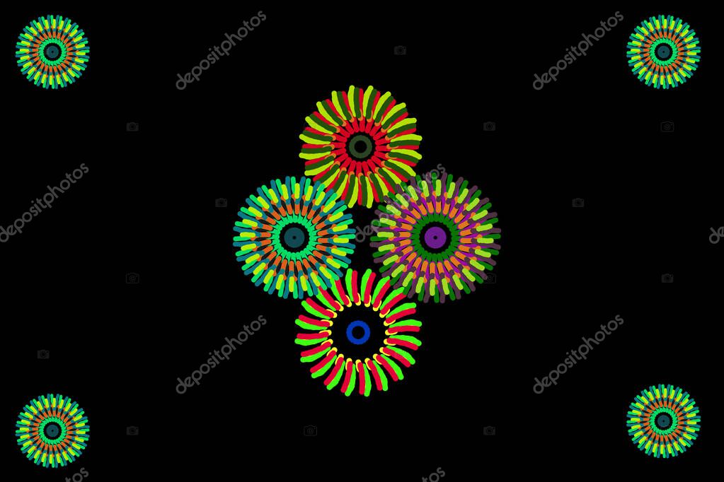 Ruedas de flores simétricas coloridas en rojo y amarillo y verde 2023