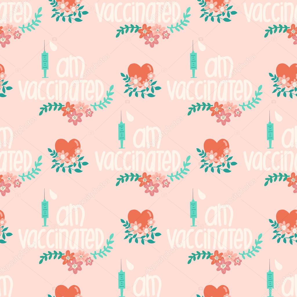 Fondo de vector sin costura vacunado. Estoy vacunado letra manuscrita frase vacuna jeringa ...
