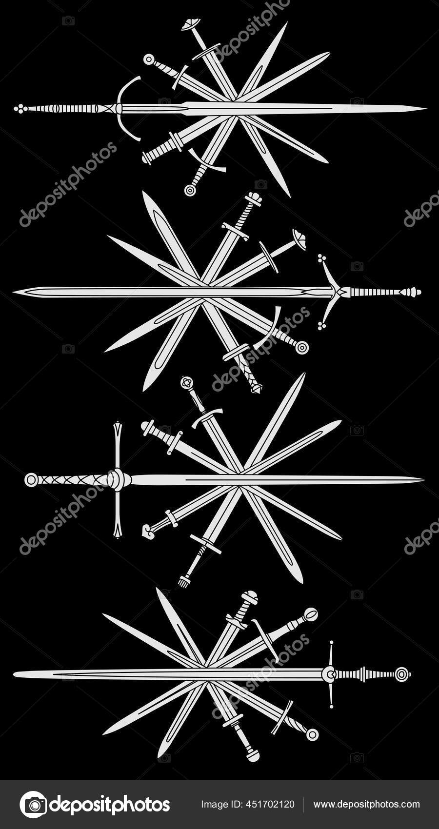Set Vector Decorative Images Crossed Medieval Swords Central Two Handed ...