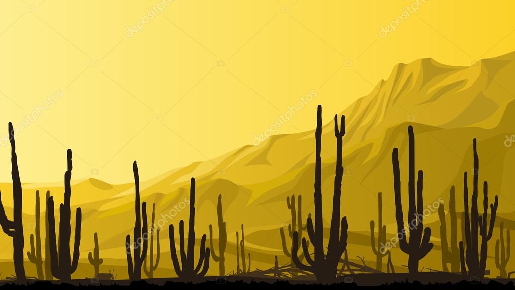 Horizontal illustration of prairie with cacti at sunset. — Stock Vector ...