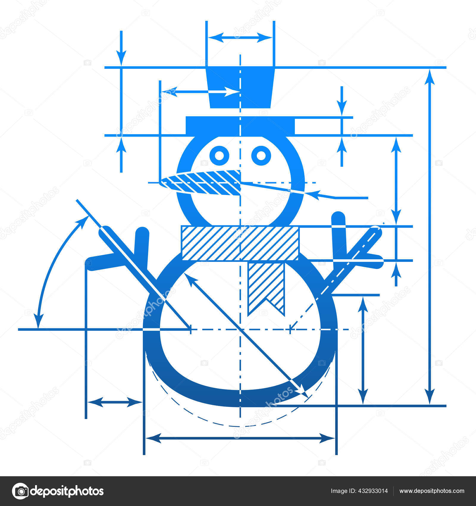 Christmas Snowman Symbol Dimension Lines Element Blueprint Drawing ...