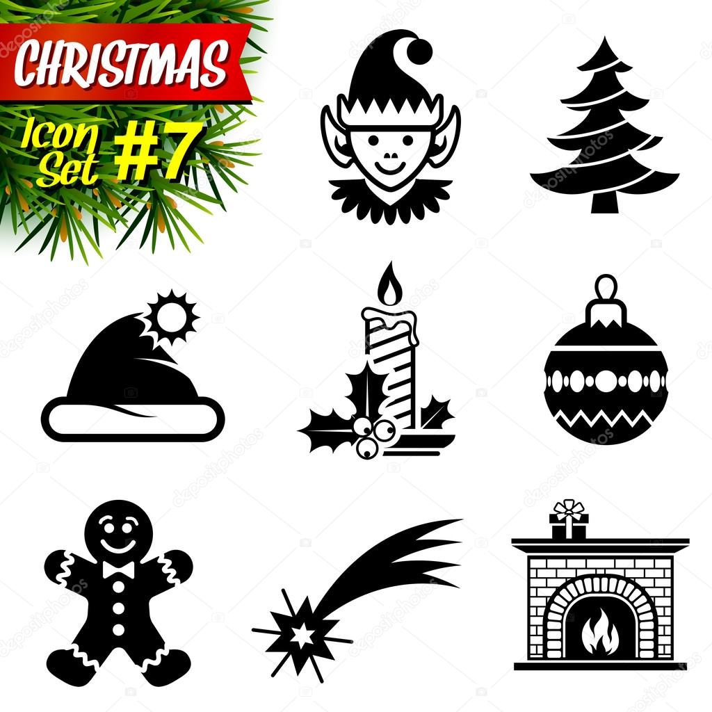 Conjunto de iconos de navidad en blanco y negro vector, gráfico ...